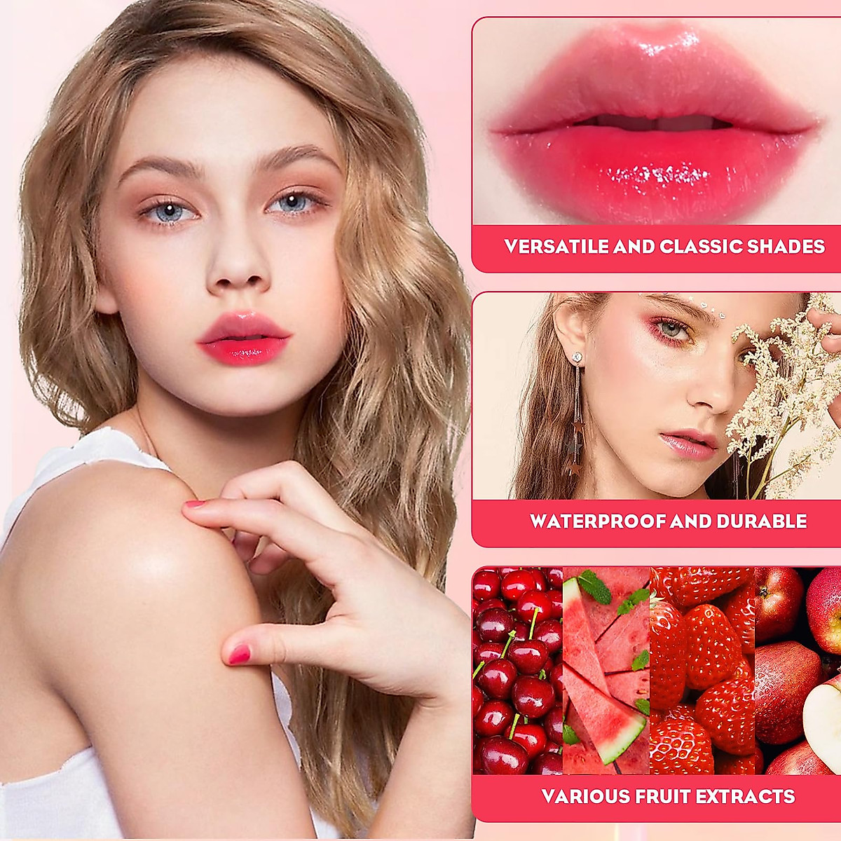 Lip Tint Korean Stain Set, 4 Colors Tinta Para Labios Water Long Lasting Waterproof Easy Apply Plumping Lip Moisturizing Mini Lipstick(Apple & Strawberry &Watermelon& Cherry)