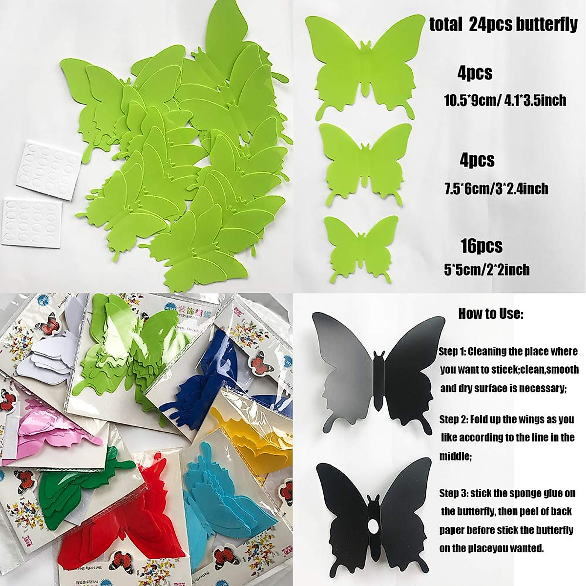 3D Yellow Butterfly Wall Stickers Yellow 24 pcs Removable Mural Stickers Wall Stickers Decal for Home and Room Decoration Kids Room Bedroom Decor Living Room Sticker (Yellow)