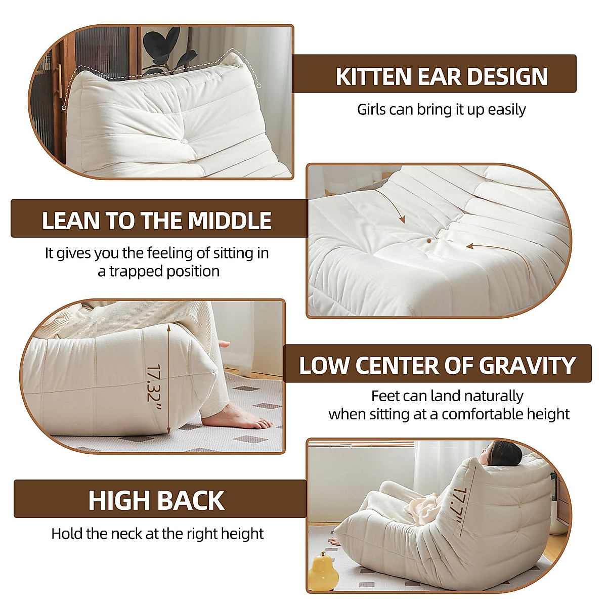 MDQMD Cream Style Adult Togo Sofa,Bean Bag Chair,White Fireside Chair (White)