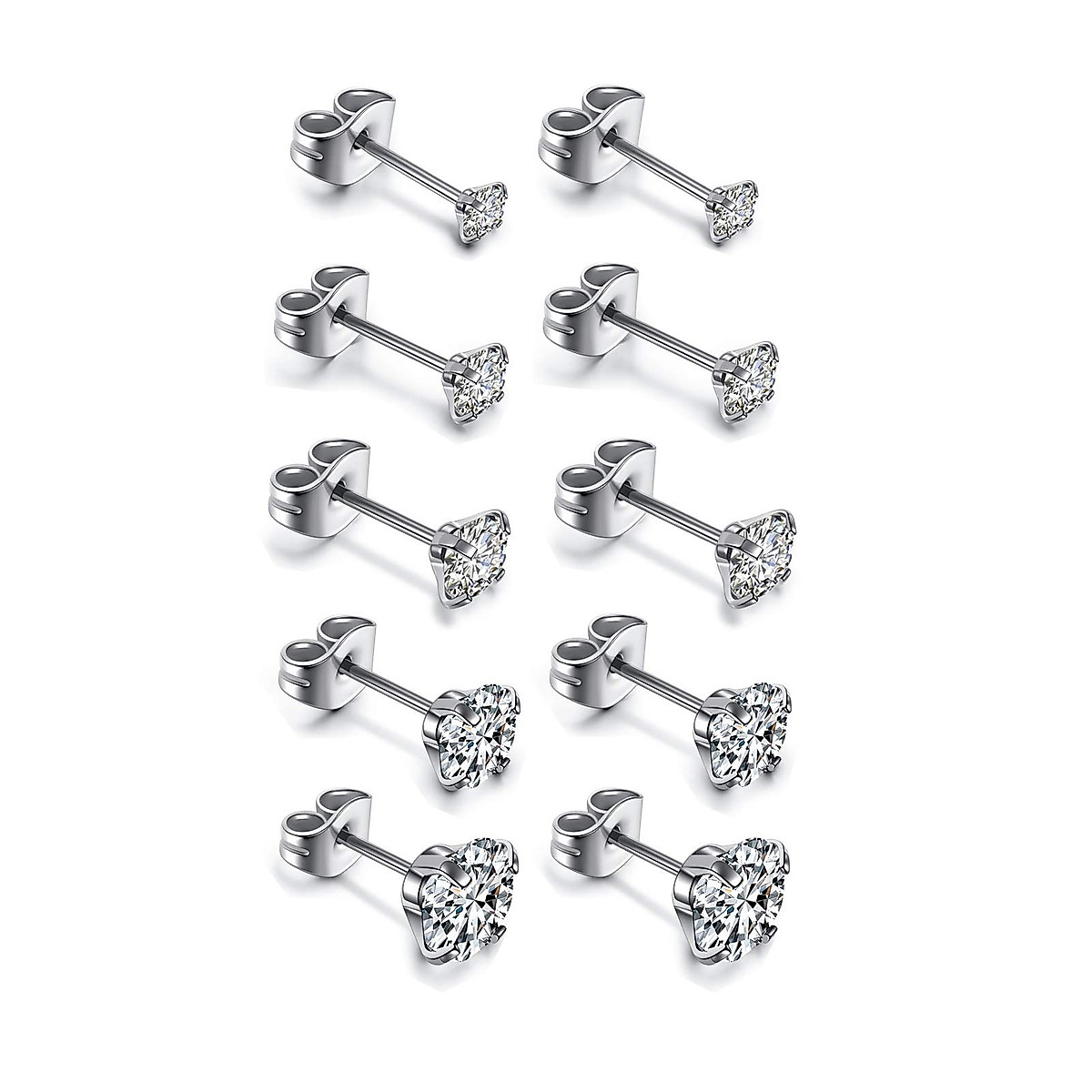Jovivi 20G Hypoallergenic Stainless Steel Cubic Zirconia Silver Stud Earrings Set for Women, 5 Paris, 3MM-8MM