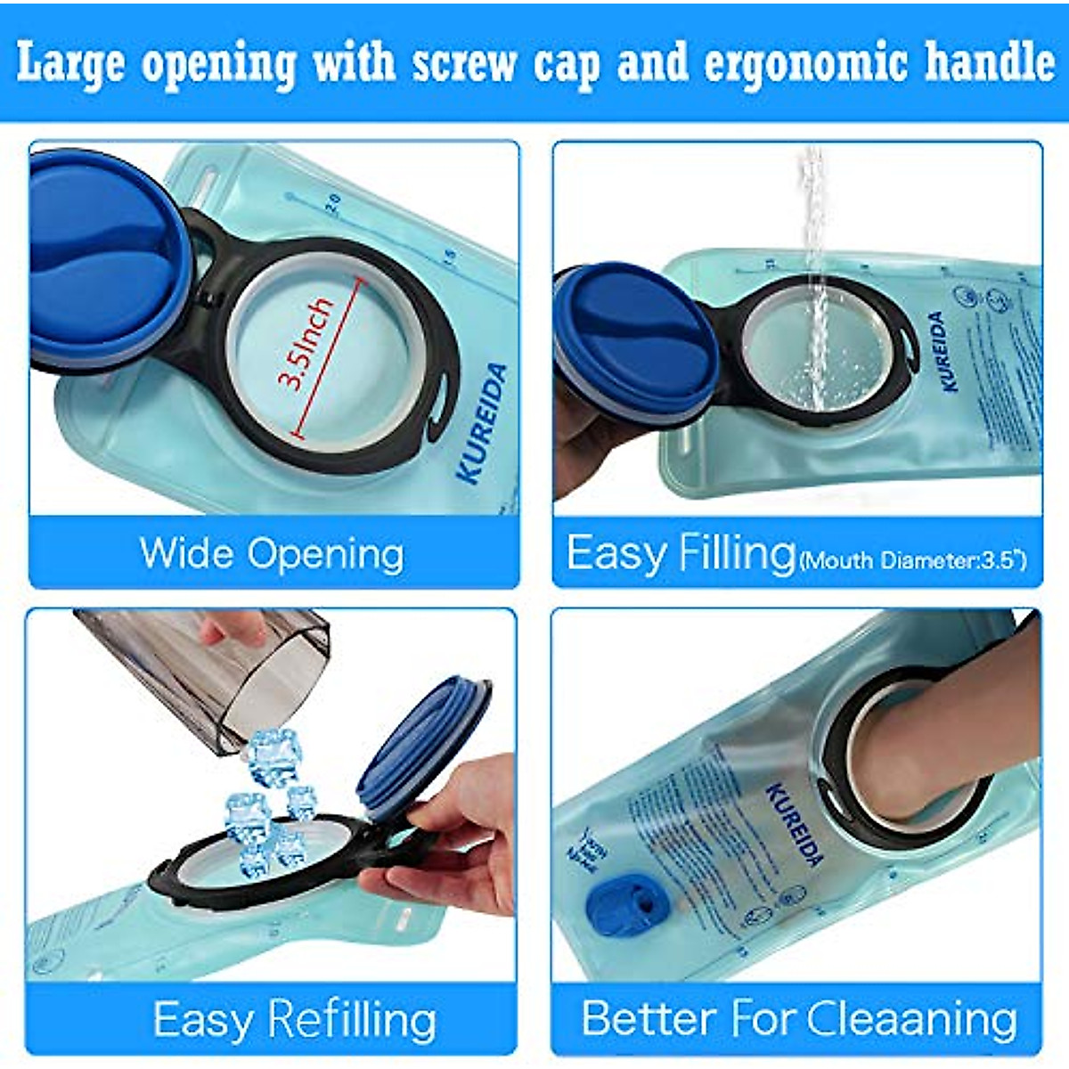 KUREIDA Hydration Bladder 2 Liter Leak Proof Water Reservoir,BPA Free,Wide Opening,Military Water Bladder Combined with Hydration Backpacks for Biking Hiking Running Camping Climbing.Blue