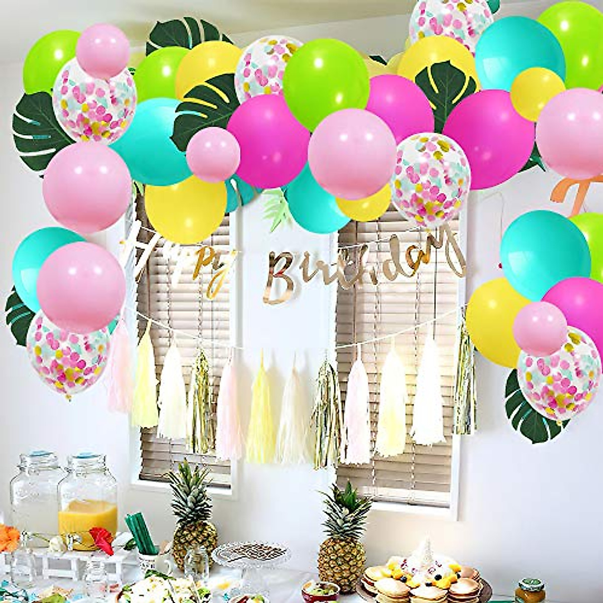 Tropical Balloons Garland Kit,117 pcs Hawaii Luau Party Balloons, Hot Pink Green Blue and Confetti Balloons for Tropical Theme Birthday Party Baby Shower Jungle Hawaii Luau Party Decorations.