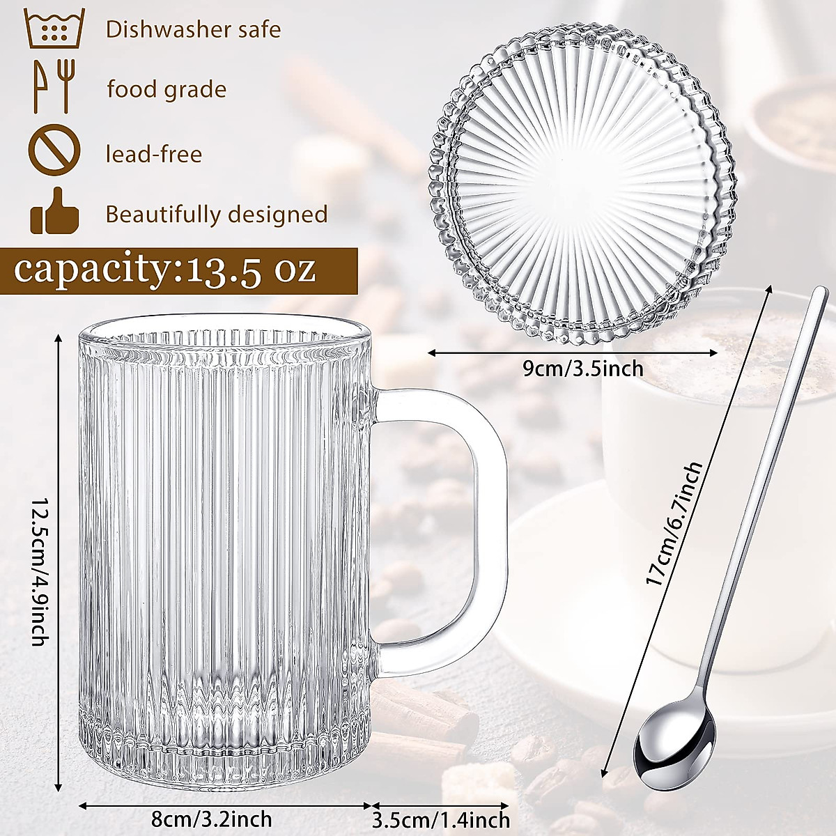 Hoolerry 14 oz Clear Glass Mug with Lid and Spoon Classical Vertical Stripe Tea Mug Ribbed Iced Coffee Cup Glass Coffee Mug Clear Coffee Mug for Milk Latte Water Chocolate Juice for Birthday Christmas