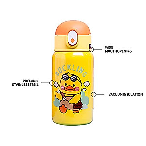 N/C Hi-Cup DuckLing Kids Water Bottle - insulated stainless steel thermos with straw (Girls/Boys) - 13oz (Outdoor Yellow) 7.5*18