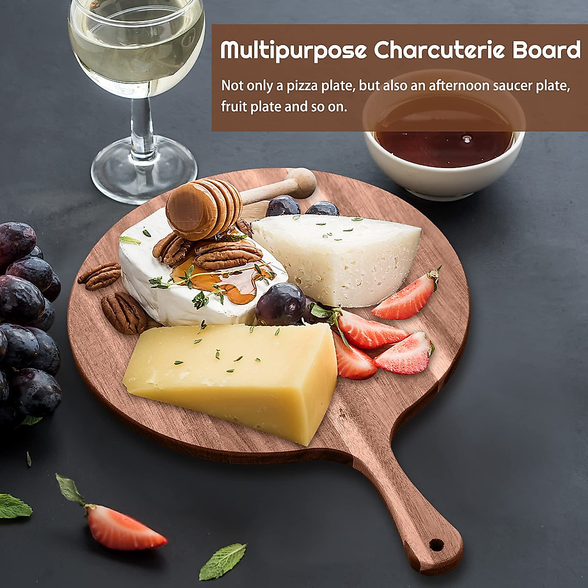 2 Pieces Acacia Wood Round Charcuterie Board 12'' Cutting Board Wooden Pizza Peel Cheese Paddle with Handle for Home Baking, Cheese, Fruits, Vegetables, Bread, Charcuterie Serving,16 x 12 x 0.6 Inch