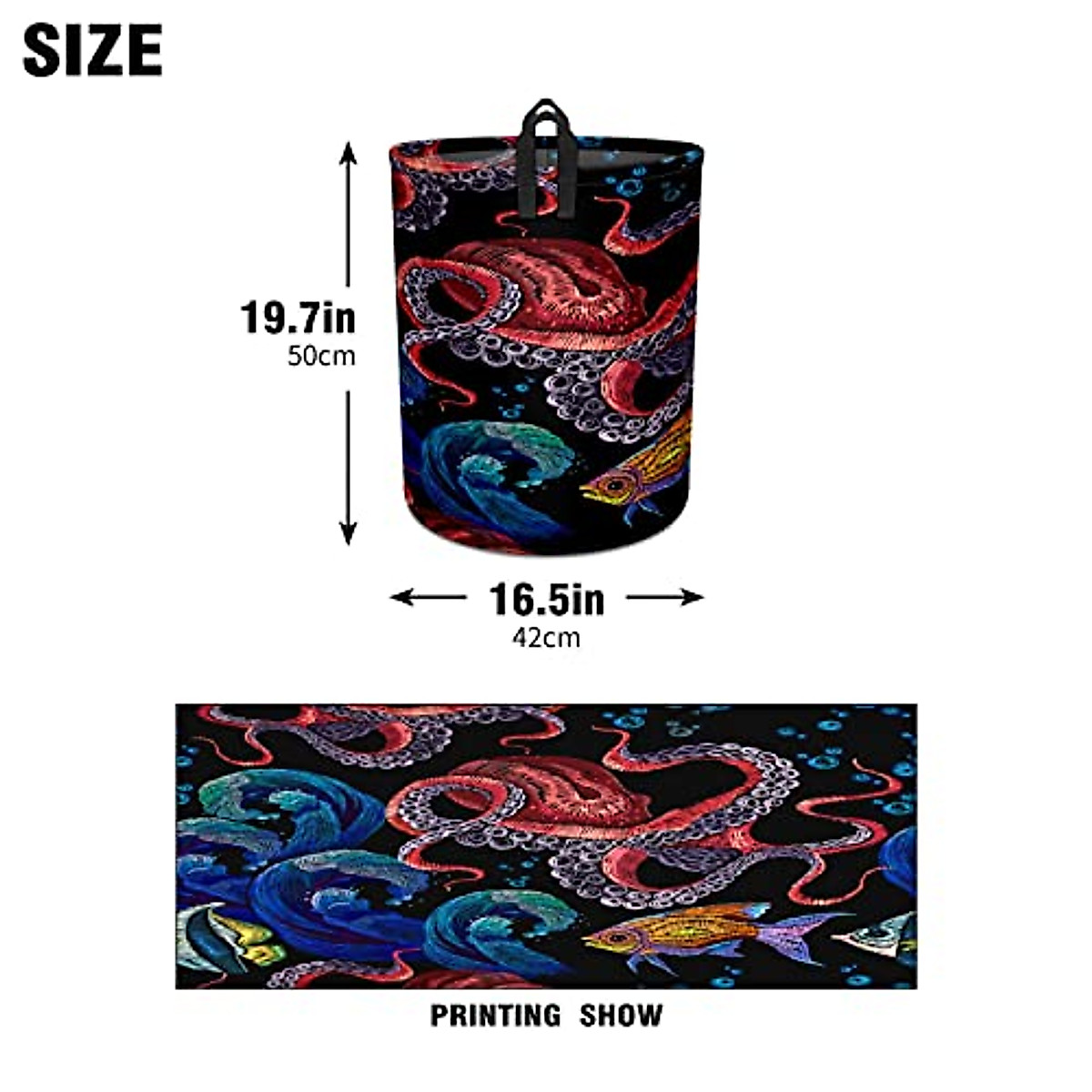 Laundry Basket Hamper with Handles Ocean Octopus Waves Fish Canvas Freestanding Dirty Clothes Hampers Waterproof Lightweight Large Storage Basket for Bedroom Dorm Clothes Towels Toys Organizer