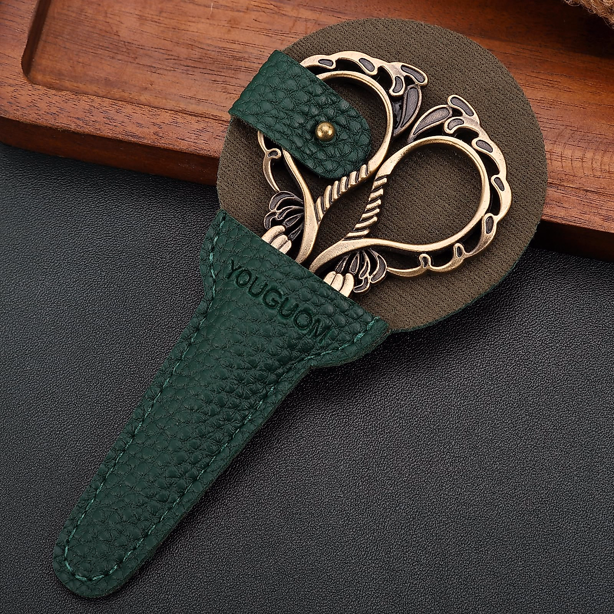 YOUGUOM Embroidery Scissors Sheath Protector Craft Scissors Storage Cover Leather Case, 2Pieces Green
