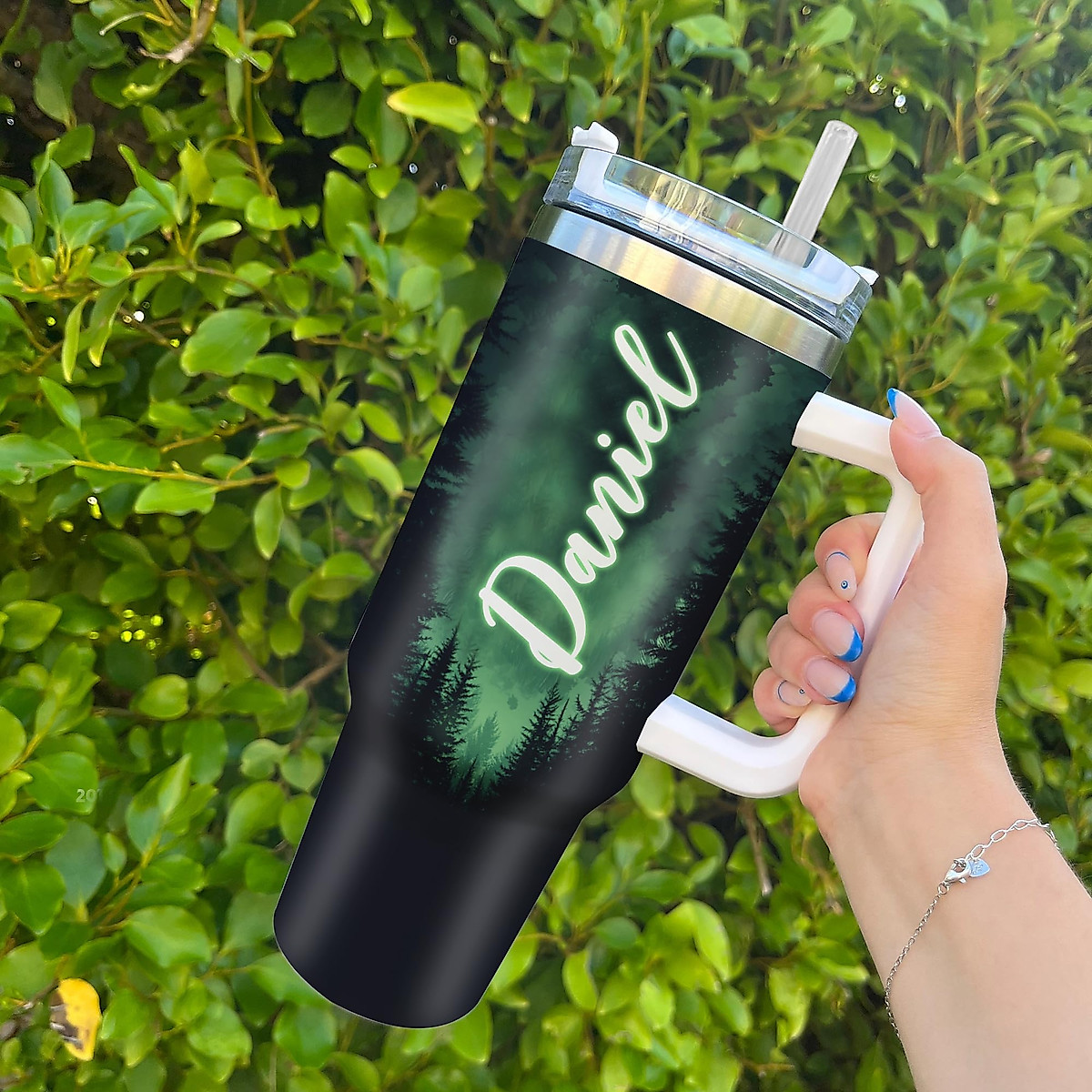 FOXCORNER Personalized Green Wolf Tumbler 40oz with Handle & Straw for Wolf Lovers, Wolfs Present for Men Women on Birthday Christmas, Custom Name Stainless Steel Travel Coffee Cup, Animal Lover Gifts