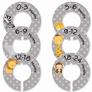 Baby Closet Dividers Boy Nursery Clothing Closet Size Organizer Set of 6 Safari Animals (Gray, 1.25" Rod)