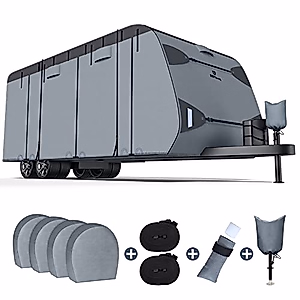 RVMasking 7 Layers top RV Travel Trailer Cover Rip-Stop Waterproof Camper Cover Fits 24‘1”-26' Motorhome - Anti-UV Windproof Breathable with 4 Tire Covers & Tongue Jack Cover