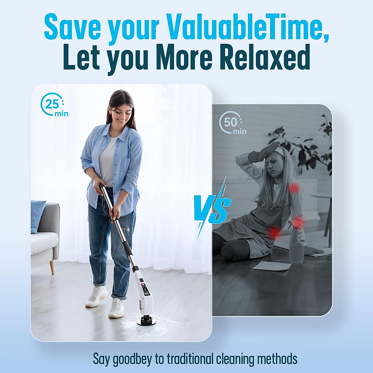 Electric Spin Scrubber, Power Shower Scrubber with Extension Handle for Cleaning, 420RPM/Mins-8 Replaceable Brush Heads-140Mins Long Work Time, 3 Adjustable Size, 3 Speeds for Bathroom Tub Tile Floor