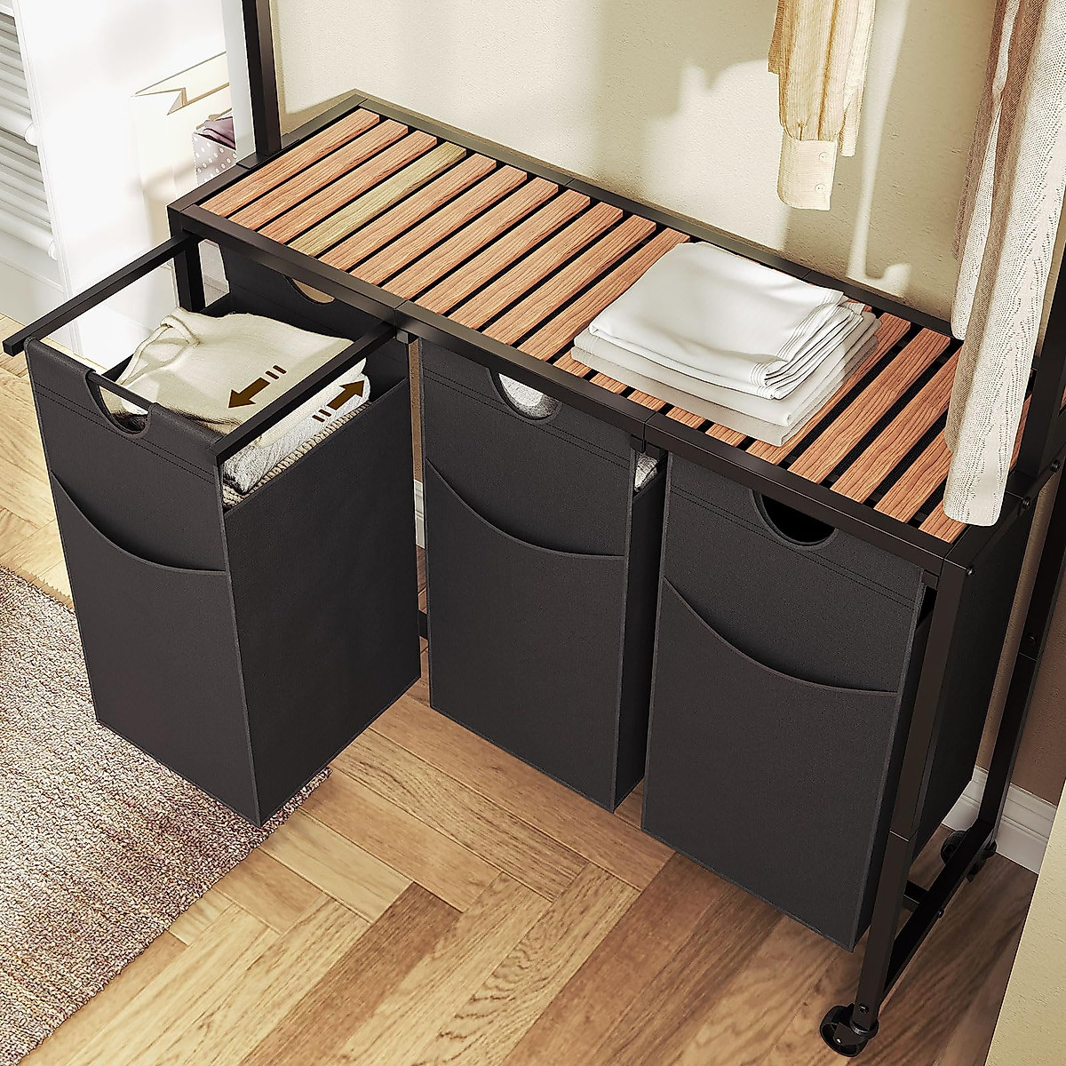 YATINEY Laundry Sorter, Laundry Hamper with Hanging Rack, Laundry Sorter 3 Section, Laundry Basket with Wheels, Hampers for Laundry, Laundry Basket Organizer for Laundry Room, Rustic Brown LS37BR