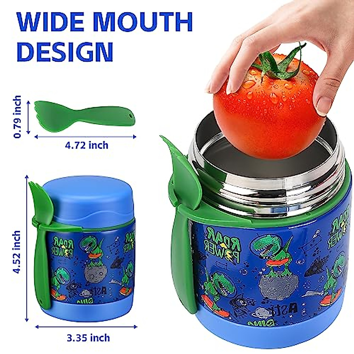 Pawtong 10oz Soup Thermo for Hot Food Kids Insulated Food Jar,Thermo Hot Food Lunch Container, Width Mouth Stainless Steel Lunch Box for Kids with Spoon (Blue-dinosaur)