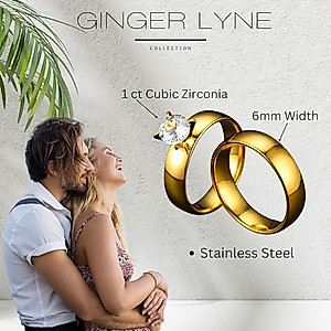 Kindall Wedding Ring Set for Women by Ginger Lyne | Stainless Steel Gold Solitaire Engagement Ring Matching Wedding Band 6mm Wide | Promise Ring for Her