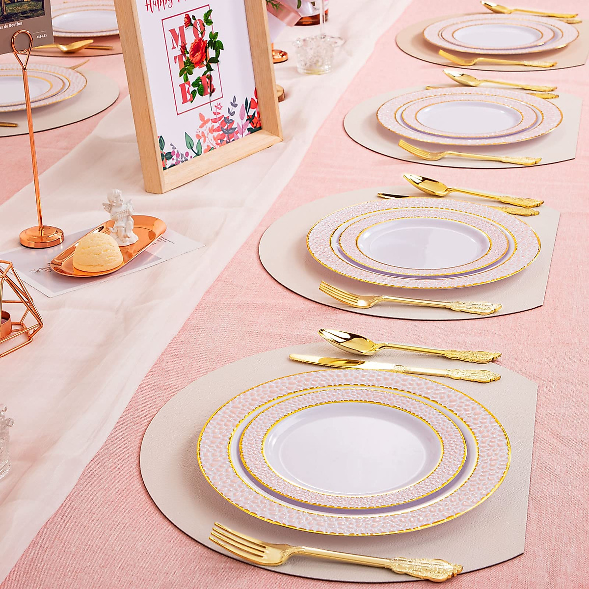 Liacere Plastic Plates, 102PCS Pink w/Gold Rim - Classic Style Disposable Plates for Mother's Day, Party, Easter & All Occasions