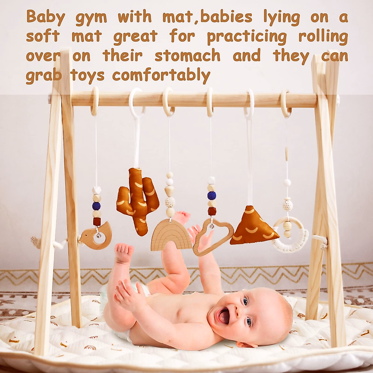 PgUp Wooden Baby Play Gym with Rainbow Mat, Foldable Baby Gym with Soft Playmats & 6 Hanging Toys for Baby Play & Learn, Toddler Activity Center Wooden Play Gym Newborn Gift for Baby Girls and Boys