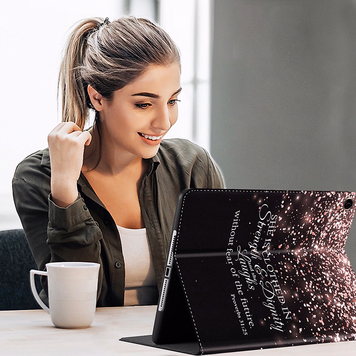 Case for iPad Pro 11 Inch 4th/3rd/2nd/1st Generation 2022/2021/2020/2018, Fit Also iPad Air 4/5 th 10.9 inch Adjustable Stand Auto Sleep/Wake, Proverbs 31:25 Bible Verse Rose Gold Glitter Black