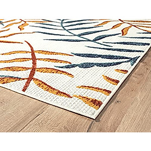 Abani Modern Cream, Red & Blue 5'3" x 7'6" (5x8) Leaf Print Area Rug Rugs - Non-Shedding Indoor/Outdoor Nature Design Bedroom Rug