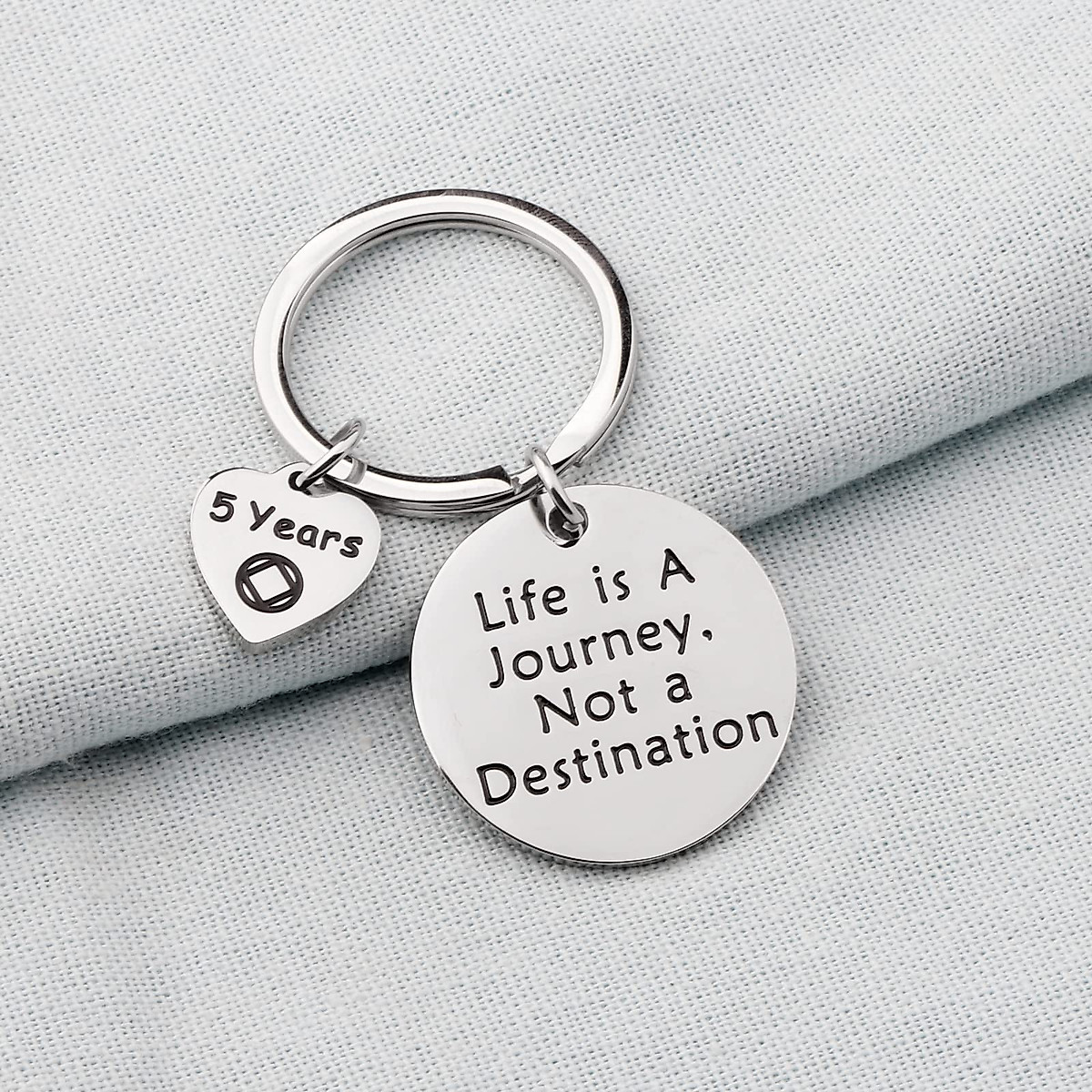 BEKECH NA Sobriety Anniversary Jewelry Life is A Journey Not A Destination 1 Year 2 Year 3 Year NA Symbol Charm Keychain for Sobriety Recovery Men Women (5 year silver)