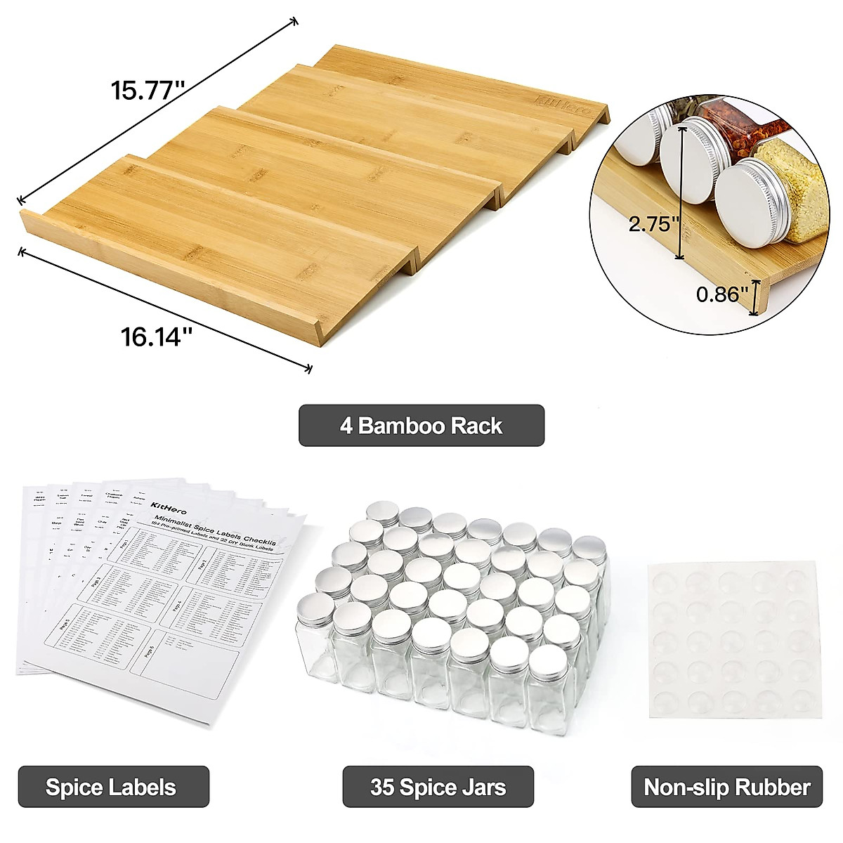KitHero Spice Drawer Organizer with 35 Spice Jars,216 Labels,50 Non-slip Rubber, Bamboo 4 Tier Seasoning Rack Tray Insert for Kitchen Drawers,Cabinets,Countertop,16.14" Wide x 15.8" Deep