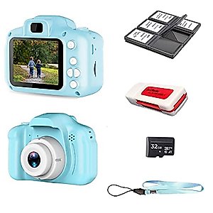 Acuvar 1080P Kids Selfie HD Compact Digital Photo and Video Rechargeable Camera Kit with 32GB TF Card & 2" LCD Screen Micro USB Charger, Lanyard. 6PC Card Holder and All in One USB Card Reader (Blue)
