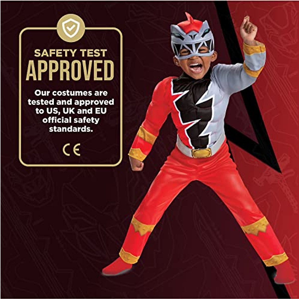 Red Ranger Toddler Size Muscle Costume, Official Power Rangers Dino Fury Outfit with Mask, Toddler Size Medium (3T-4T)