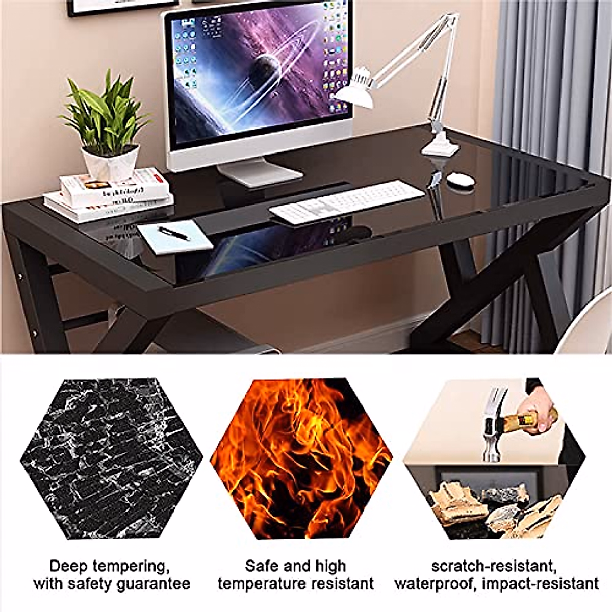 SAMERY Computer Desk Home Office Desks, 55.1 Inch Modern Simple Office Black Glass Desk Computer Table Study Gaming Writing Desk, Fashion Strength Tempered Glass Office Laptop Desk