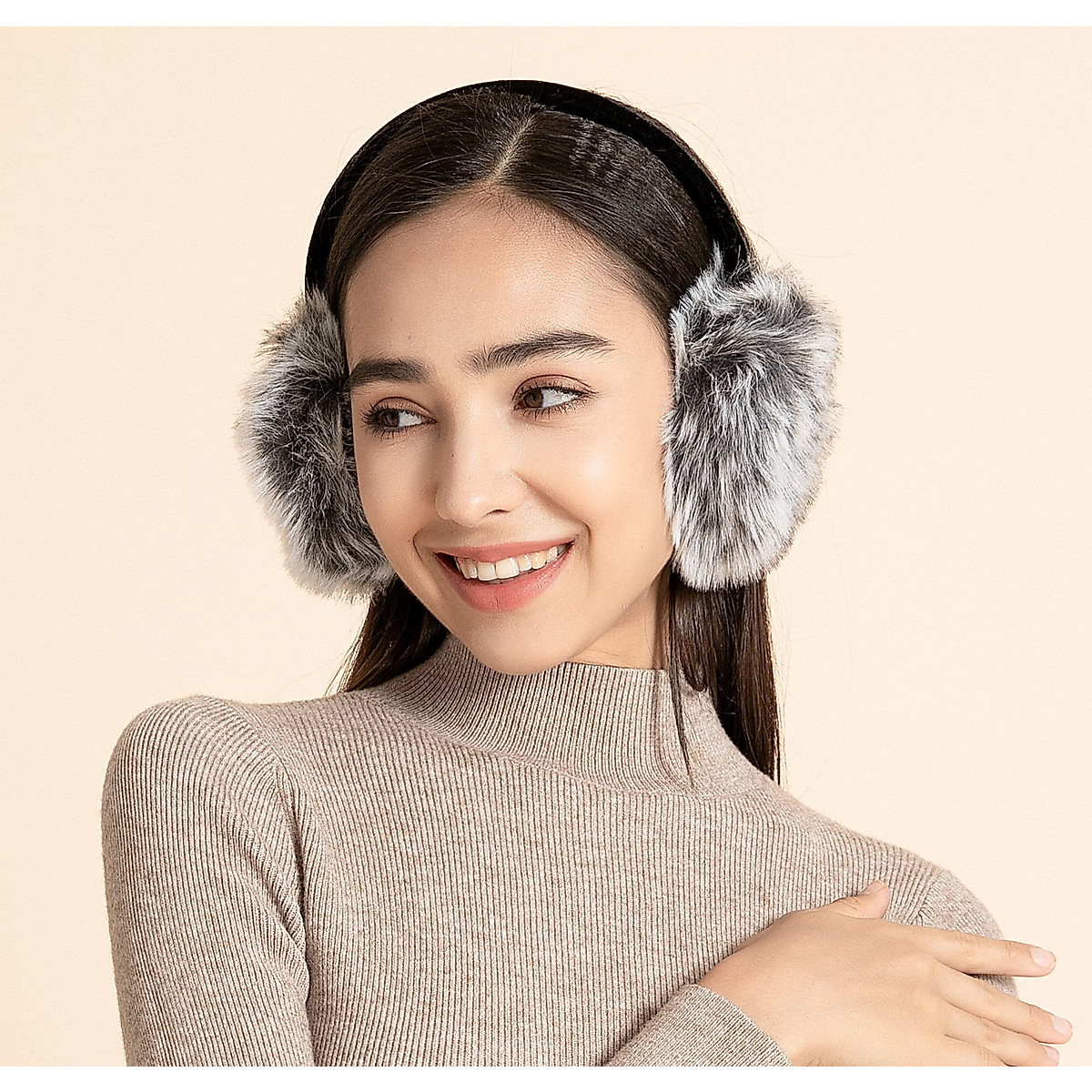 ZLYC Womens Girls Winter Fashion Adjustable Faux Fur EarMuffs Ear Warmers, Grey