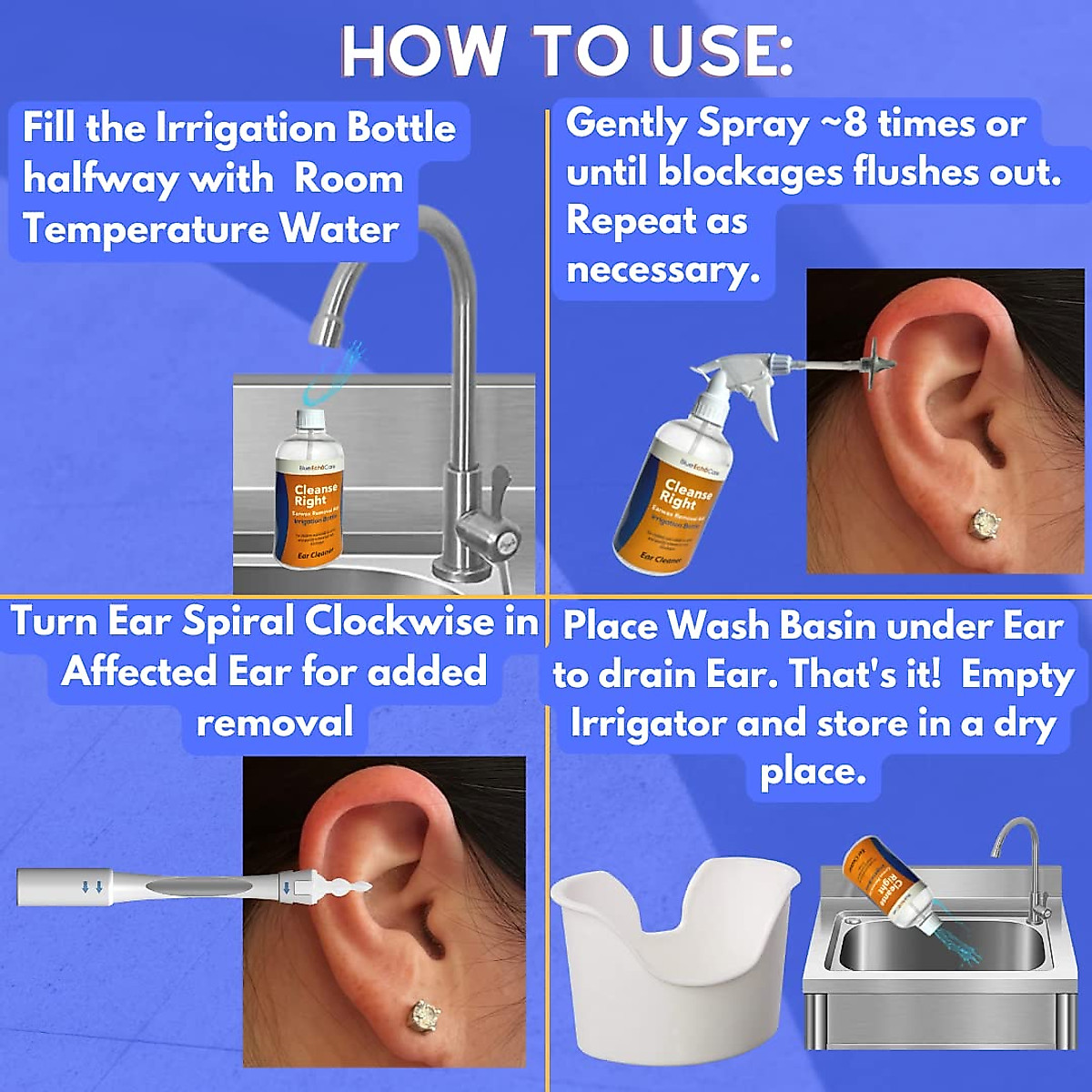 Cleanse Right - Ear Wax Removal Kit- USA MADE Ear Spiral, Cotton Swab Alternative, USA Made, Reusable, Dishwasher Friendly Tips! Wash Basin, Syringe. Cleaner Irrigation Tool to Remove Earwax Blockage