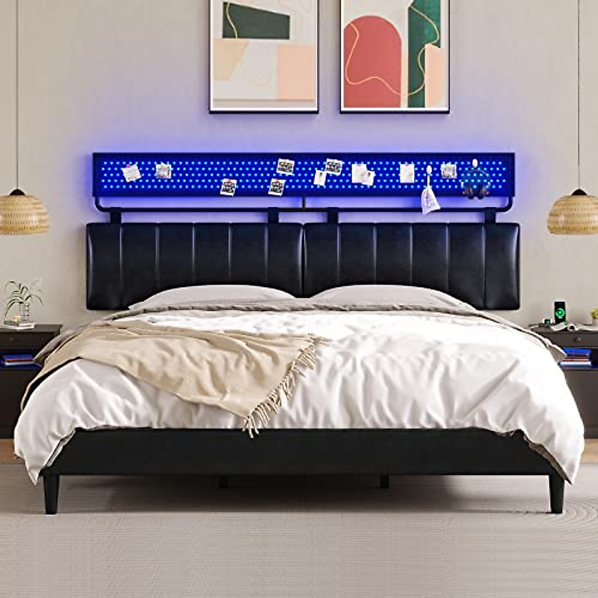 Hasuit King Size Smart LED Bed Frame, Upholstered Platform Bed Frame with Wall Mount Headboard, Verticle Channel Faux Leather Design, No Box Spring Needed, Black