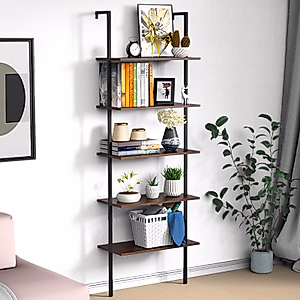 Wakefit Ladder Shelf Industrial Bookshelf, 5-Tier Ladder Bookshelf with Metal and Wood, Wall Mounted Modern Bookcase Display Shelf Organizer for Home Office, Bedroom and Living Room, Dark Walnut