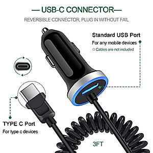 Fast USB C Car Charger, 3.4A Car Charging Adapter with 3ft Type C Coiled Cable for Samsung Galaxy A14 A13 5G A53 S23 S22 S21 S20 S10 S9 S8 A23 A04s A52 A21 A11 Z Fold 4 Z Flip 4, Pixel 7 Pro 6a 5 4XL