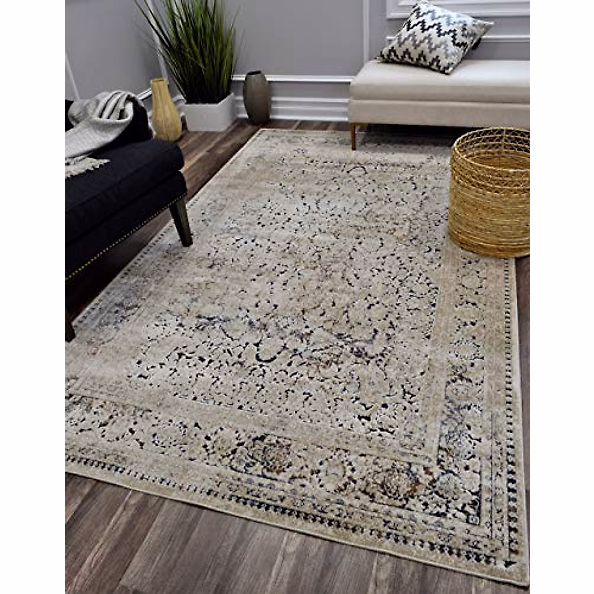 Rugs America Cambridge Collection CB500A Tan Navy Area Rug 2' x 4'