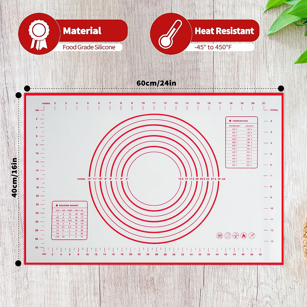 Large Silicone Baking Mat, 16" x 24" Pastry Mat Baking Mats Silicone for Rolling Out Dough Non Slip, Dough Mat Pie Crust Rolling Mat Fondant Mat Oven Liner with Measurement