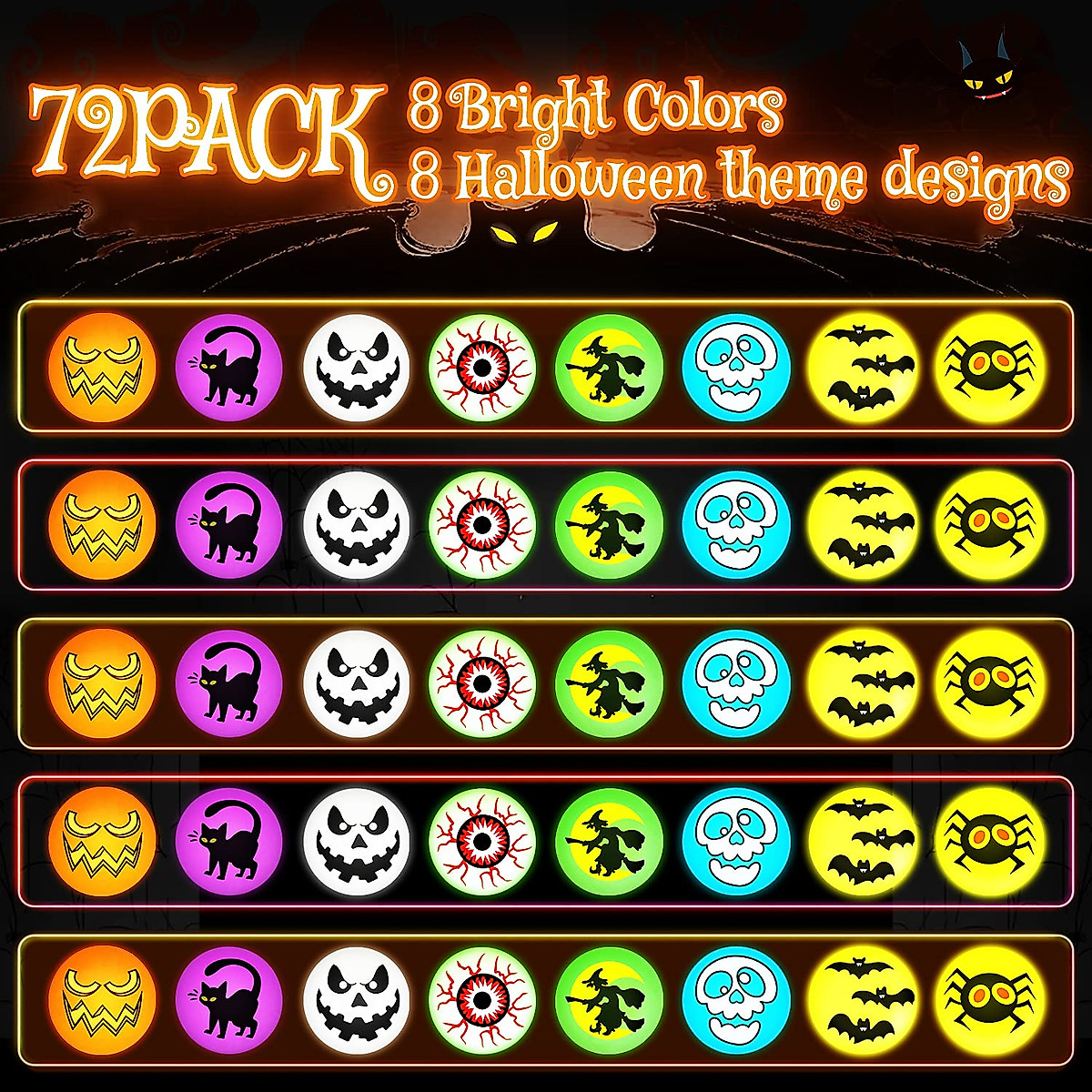 72 Glow in The Dark Halloween Bouncy Balls, 8 Halloween Designs - Eyeball Toy for Kids, Halloween Party Favor Supplies, School Classroom Game Rewards, Trick or Treating Goodie - With Pouch Bag