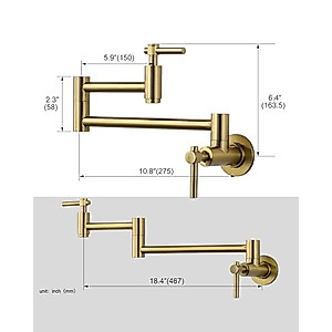 iVIGA Wall Mount Pot Filler, Gold Brass Pot Filler Faucet with 2 Handles, Single Hole Stretchable Faucet with Double Joint Swing Arm Pot Filler Above Stove