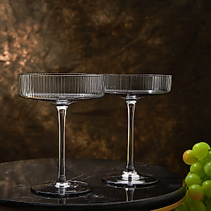 Ribbed Coupe Cocktail Glasses 8 oz | Set of 2 | Classic Manhattan Glasses For Cocktails, Champagne Coupe, Ripple Coupe Glasses, Art Deco Gatsby Vintage, Crystal with Stems (Smoke Grey)