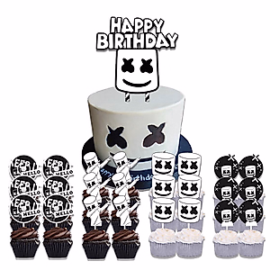 50 Pcs Marshmellow DJ Birthday Party Supplies, DJ Game Party,Ideal for Kids Gamer Fans Gaming Theme Party Decorations Favors,1Banner,24 Cupcake Topper,1 Cake Topper,24 Balloons