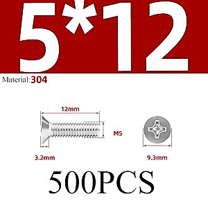 COYOUCO 500 PCS M5 X 6/8/10/12 Mm Flat Countersunk Head Machine Screws, Phillips Drive, 304 Stainless Steel, Full Thread,M5*12 500