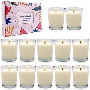 White Votive Candles in Glass, 15 Hours Unscented Soy Wax Candles for Wedding Home Spa Holidays Party, 12 Packs