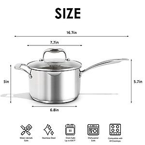 Rorence Stainless Steel Saucepan Sauce Pan with Pour Spout & Glass Lid with Strainer - 3.7 Quart