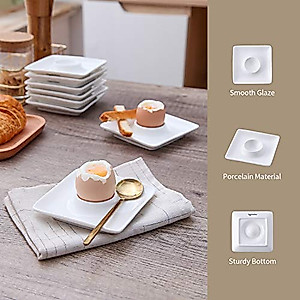 OMAYKEY Set of 8 Porcelain Egg Cups with 1-pcs Stainless Steel Egg Cracker Topper, White Square Ceramic Egg Stand Holders for Soft Boiled Eggs