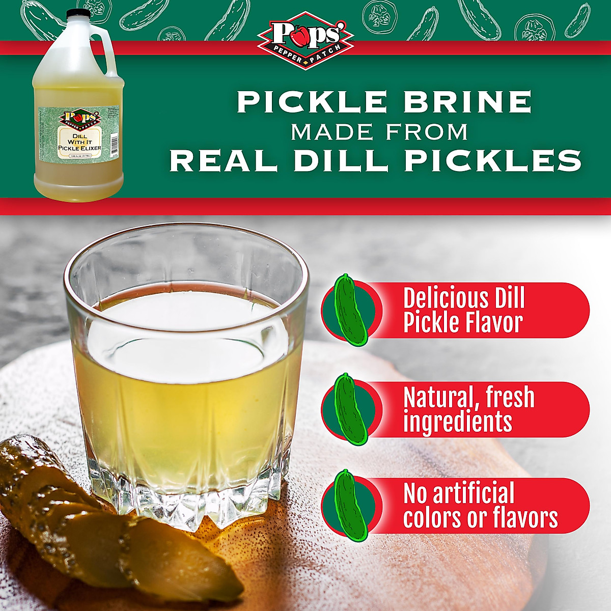 Pops Pepper Patch Pickle Elixer - Dill Pickle Brine for Leg Cramps, Pickle Pops, Pickle Shots - Made from Real Dill Pickles - No Artificial Colors or Flavors - Aids in Hydration - 1 Gallon