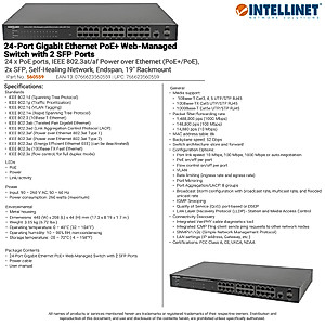 Intellinet 24 Port PoE Web Managed Gigabit Ethernet Switch with 2 SFP Ports - 240W Power Budget, Self Healing Network, SNMP Management, Endspan, 19" Rackmount - 3 Yr Mfg Warranty - 560559