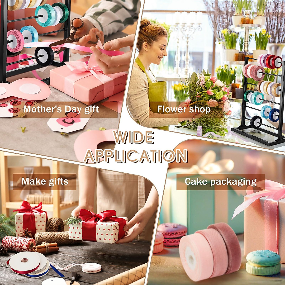 Menkxi 6 Tier Metal Ribbon Holder Organizer Rack Ribbon Rack Display Shelf Spool Holder Storage Organizer for Sewing Craft Mesh Thread Tape Wreath Crochet Roll Cake Flower Store Wrapping Gift, Black