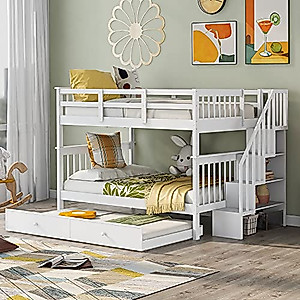 Full Over Full Bunk Bed with Trundle, Wood Full Bunk Bed with Storage Shelves, Full Over Full Bunk Bed Frame with Guardrails and Stairs for Kids Teens Adults, Can be Convertible into 2 Beds, White
