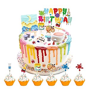 SaSbSc Art Party Cake Decorations with Paint Cupcake Topper Cute Paint Party Supplies Art Themed Birthday Favors for Kid Slime Party Graffiti Artist Birthday Party