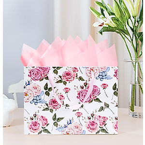 MUNILAIL 13 Inches Large Gift Bag for Women Flower Gift Bag with Handle Tissue Paper and Greeting Card for Birthday Wedding Bridal Shower Party Large Pink Paper Gift Bag