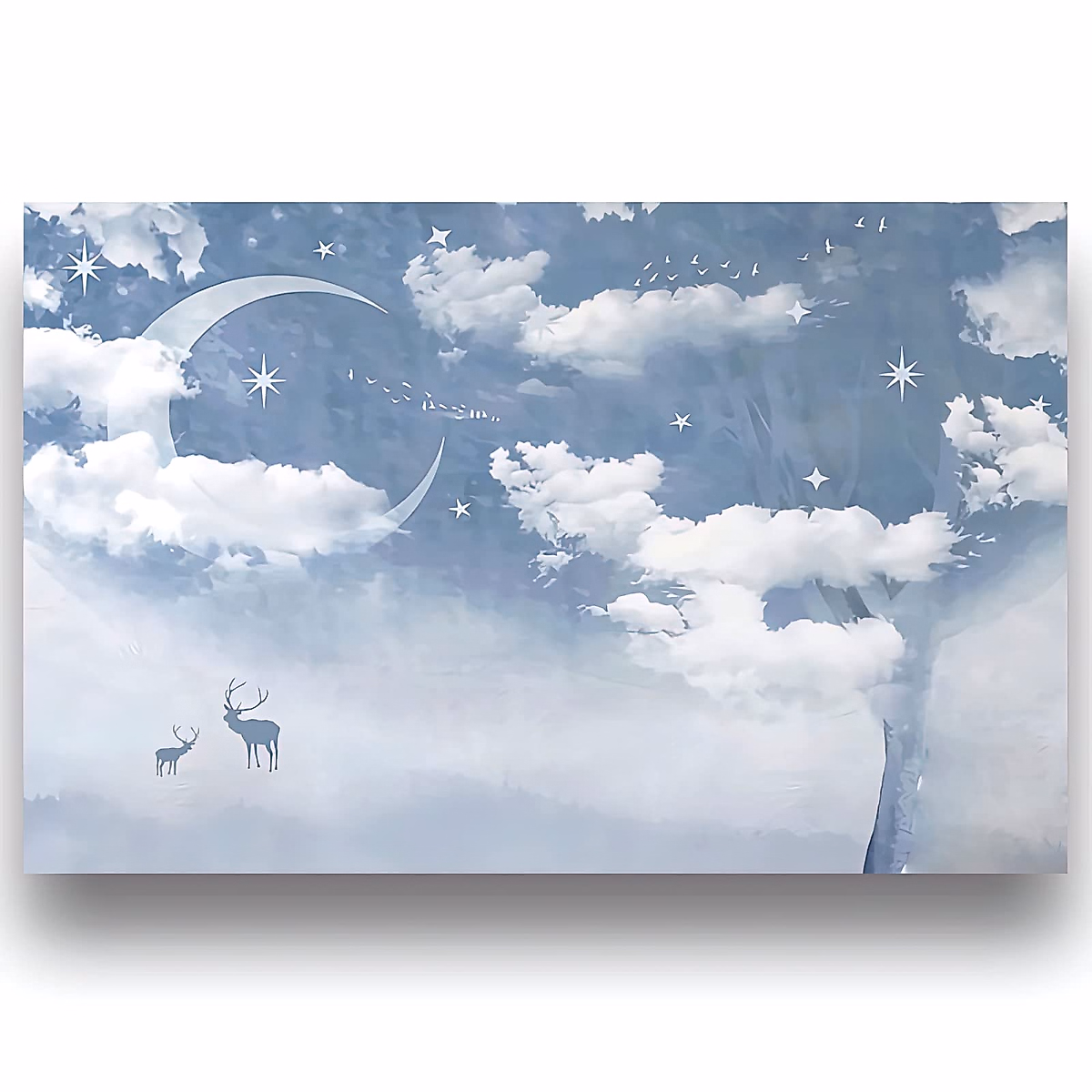 Big Tree Star Moon Elk 3D Wall Mural Wallpaper, Night Sky Photo Print Wallpaper, Panoramic Mural for Living Room Bedroom Study TV Background Decor - 59"x 39.4"(W x H)