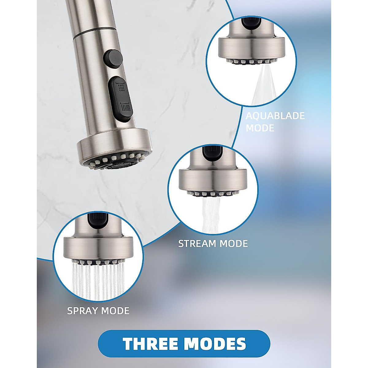 Hibbent Pull Down Kitchen Faucet Head Replacement, 3 Function Sink Faucet Sprayer Head Nozzle with 10 Adapters, Compatible with Moen, American Standard, Delta, Kohler Faucets, Brushed Nickel